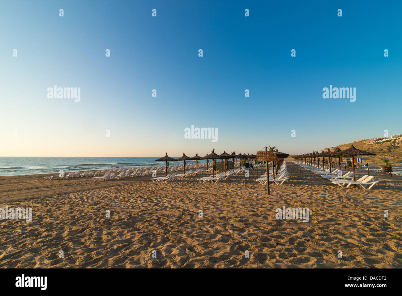 Carabassi beach ready for a sunny day, Costa Blanca, Spain Stock Photo ...
