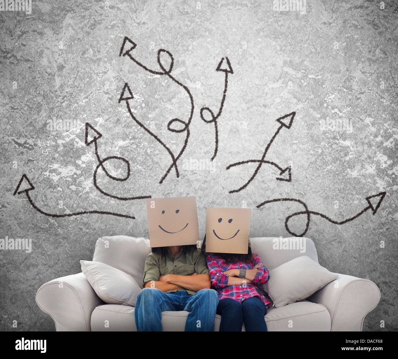 Employees with boxes on their heads Stock Photo - Alamy