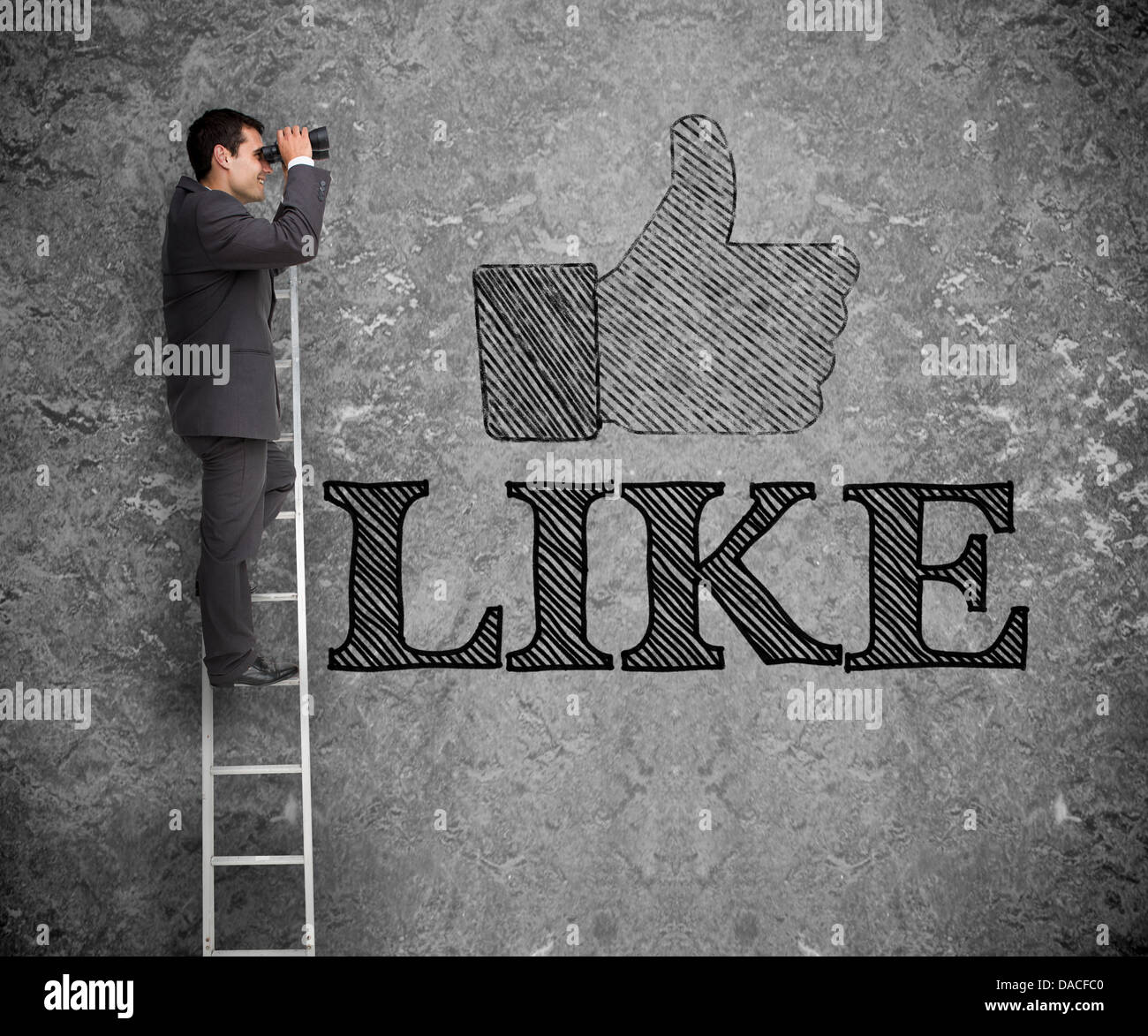Businessman on a ladder with a thumb up on the background Stock Photo ...
