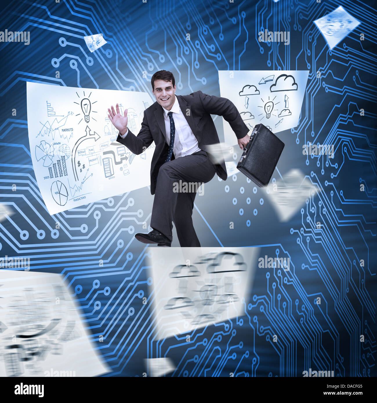 Businessman jumping with drawings floating around Stock Photo - Alamy