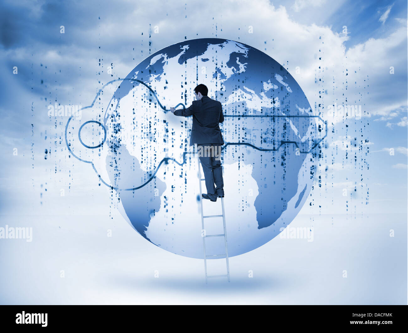 Businessman drawing a blue key with matrix and a planet Stock Photo - Alamy