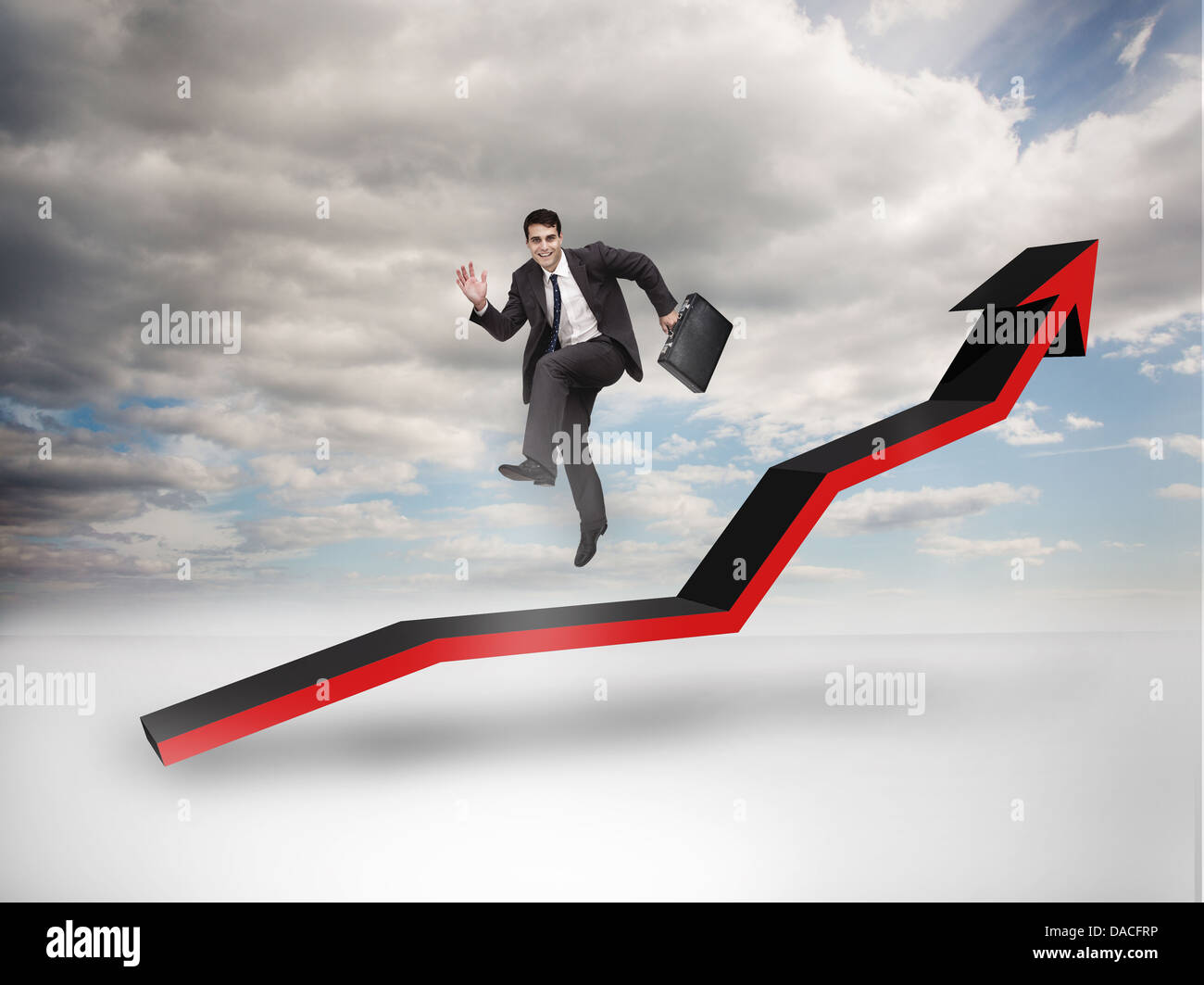 Businessman jumping over a red arrow pointing up Stock Photo - Alamy