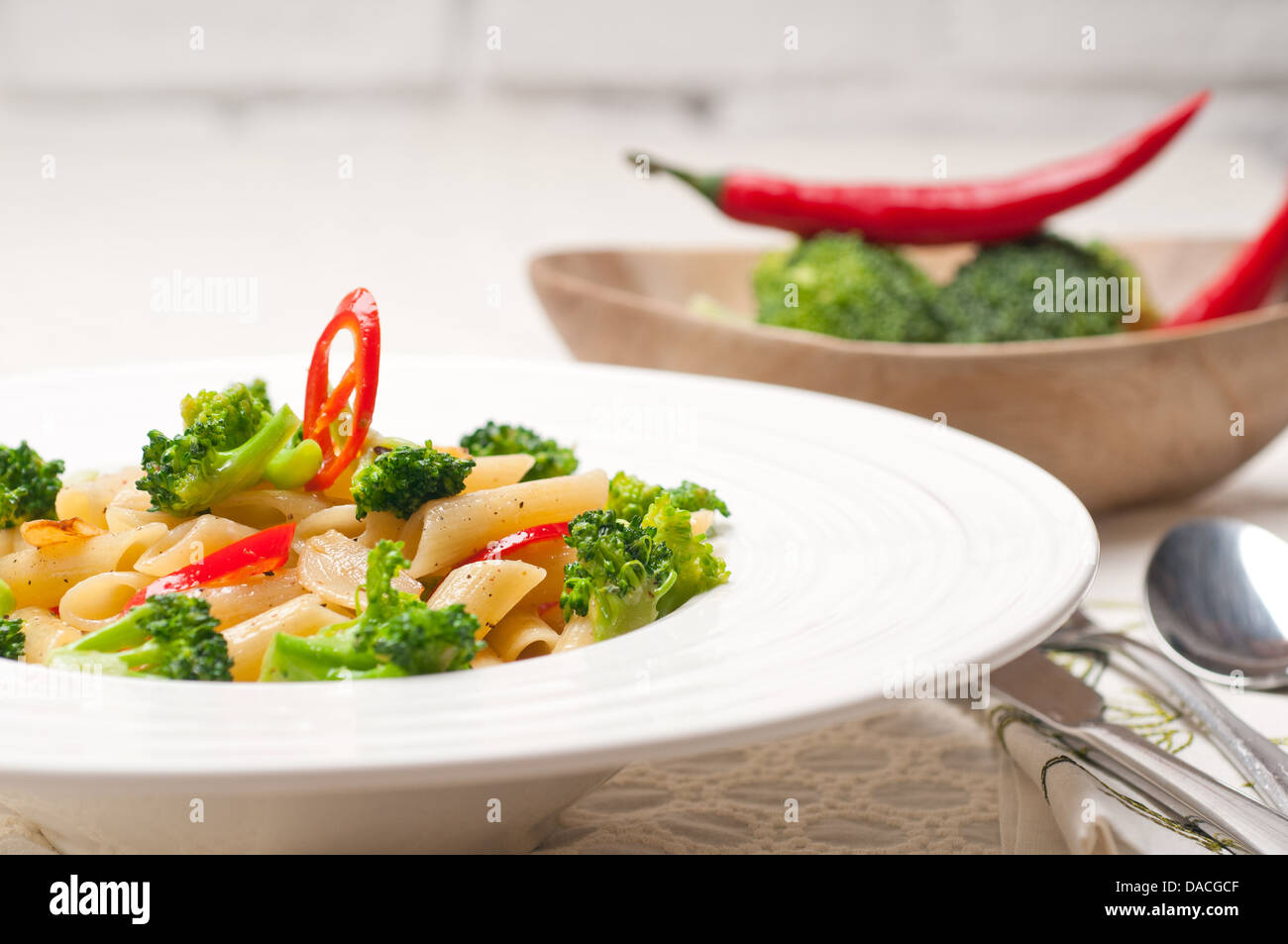 classic Italian penne pasta with broccoli and red chili pepper Stock ...