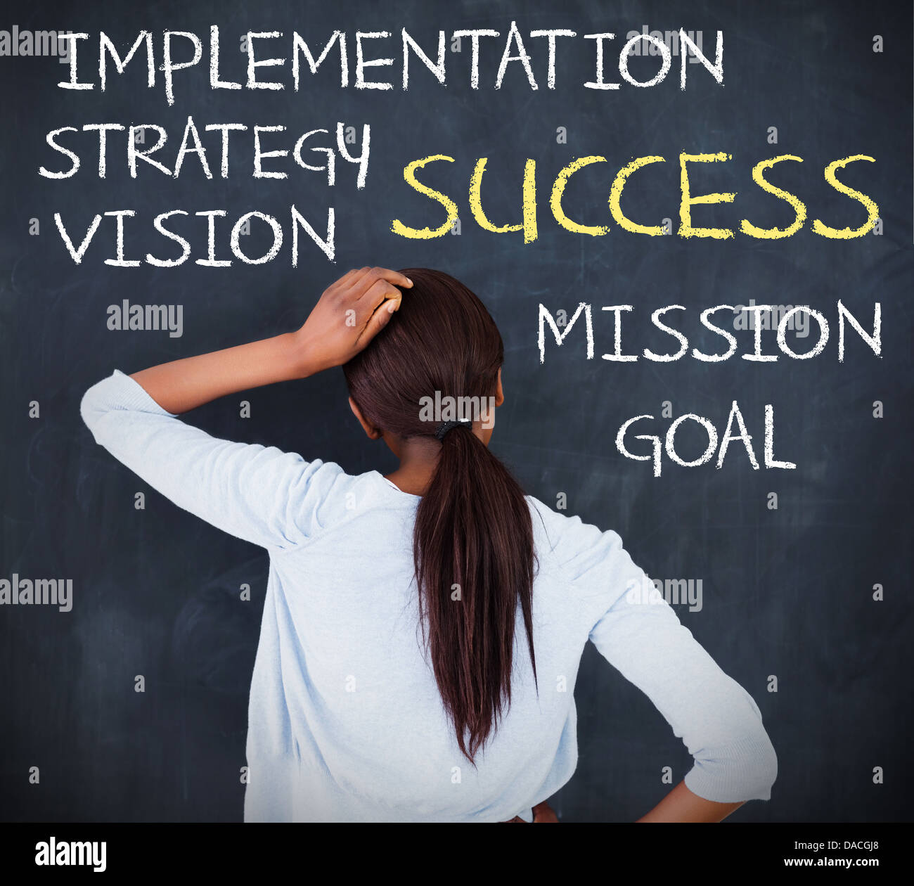 Rear view of a woman looking at success terms Stock Photo - Alamy