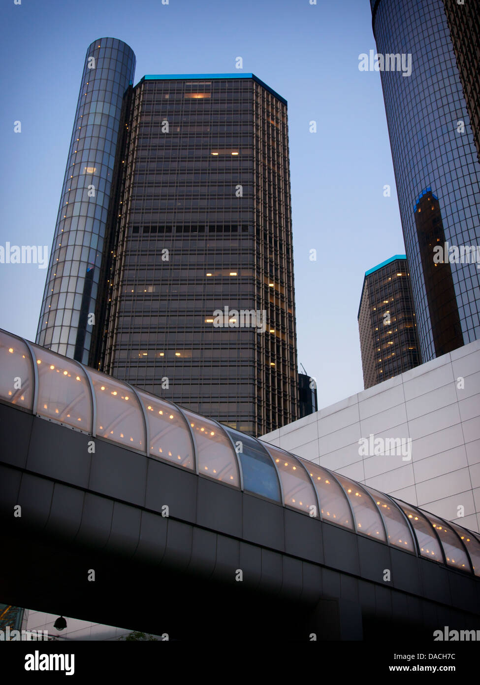 View of the pedestrian walkway and an a tower at the Detroit ...