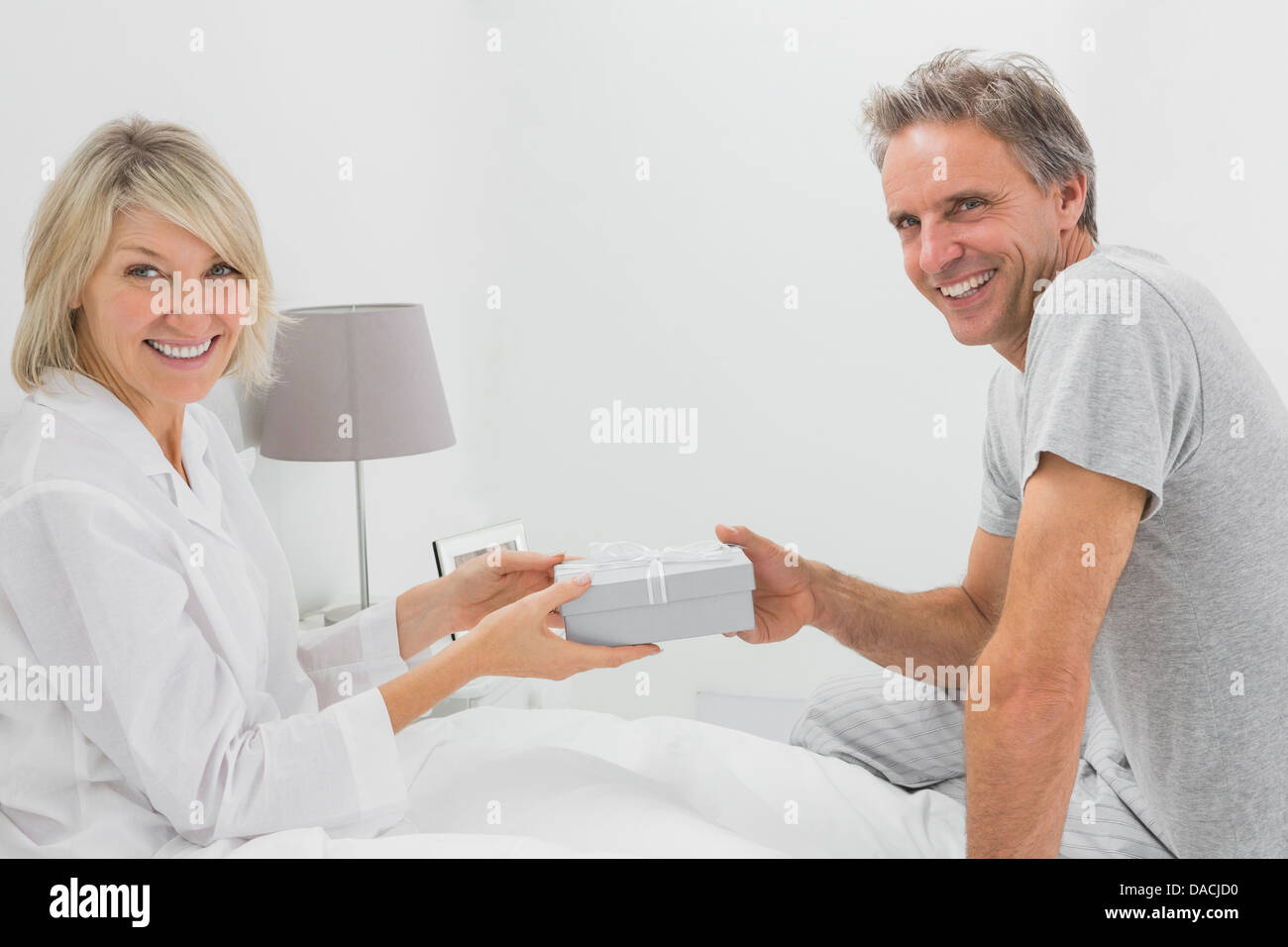 Man giving present to his smiling partner looking at camera Stock Photo ...