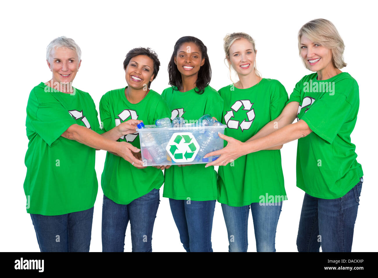 Team of happy female environmental activists holding box of recyclables ...