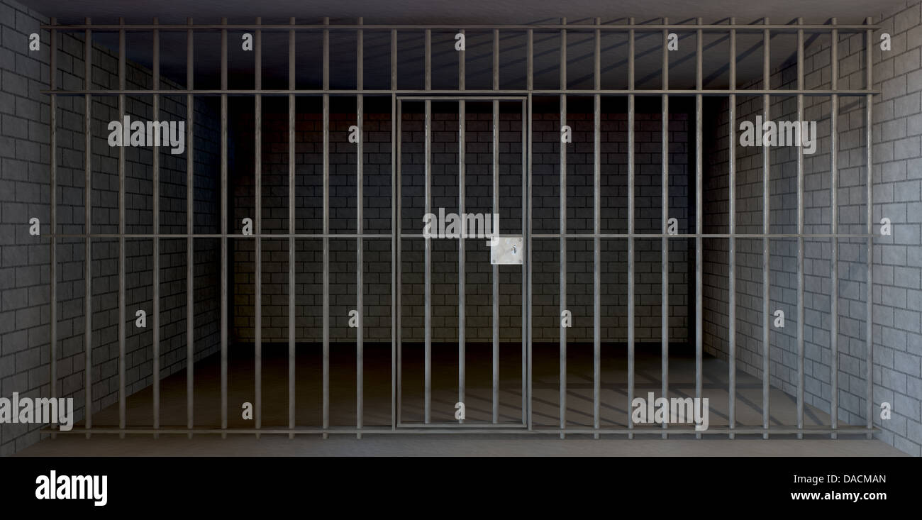A full view of a prison holding cell consisting of a brick and concrete ...