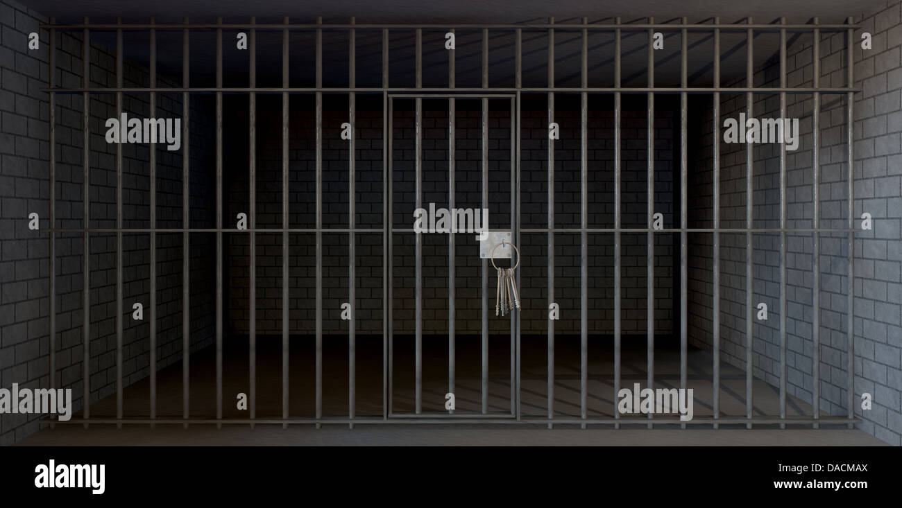 A full view of a prison holding cell consisting of a brick and concrete ...