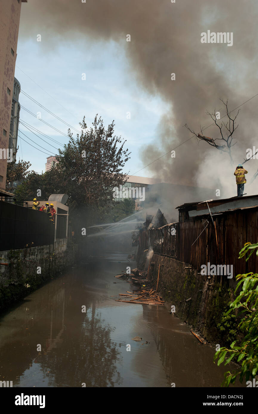 Firemen hose down a fire in a shanty town in Makati City, Metro Manila ...