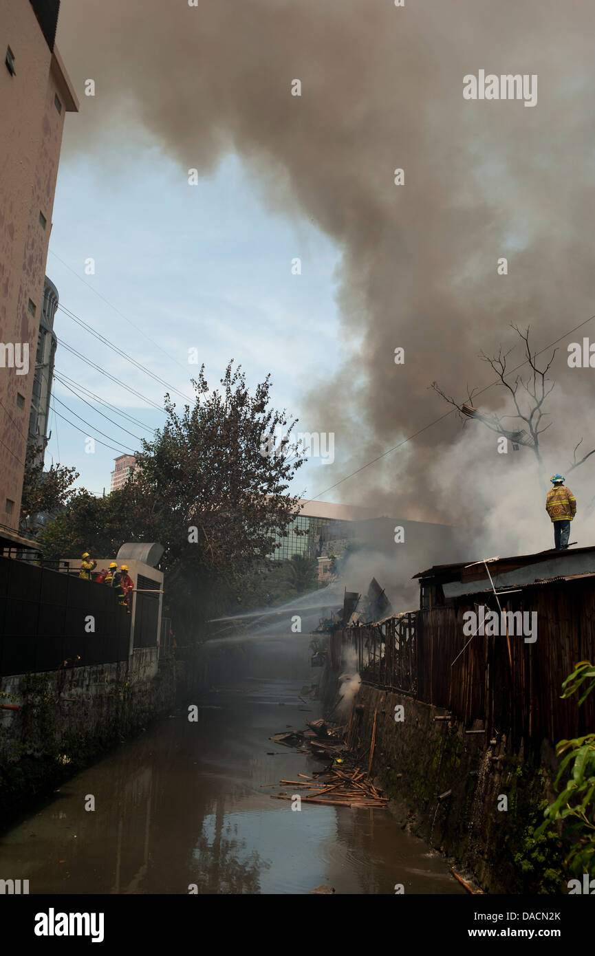 Firemen hose down a fire in a shanty town in Makati City, Metro Manila ...