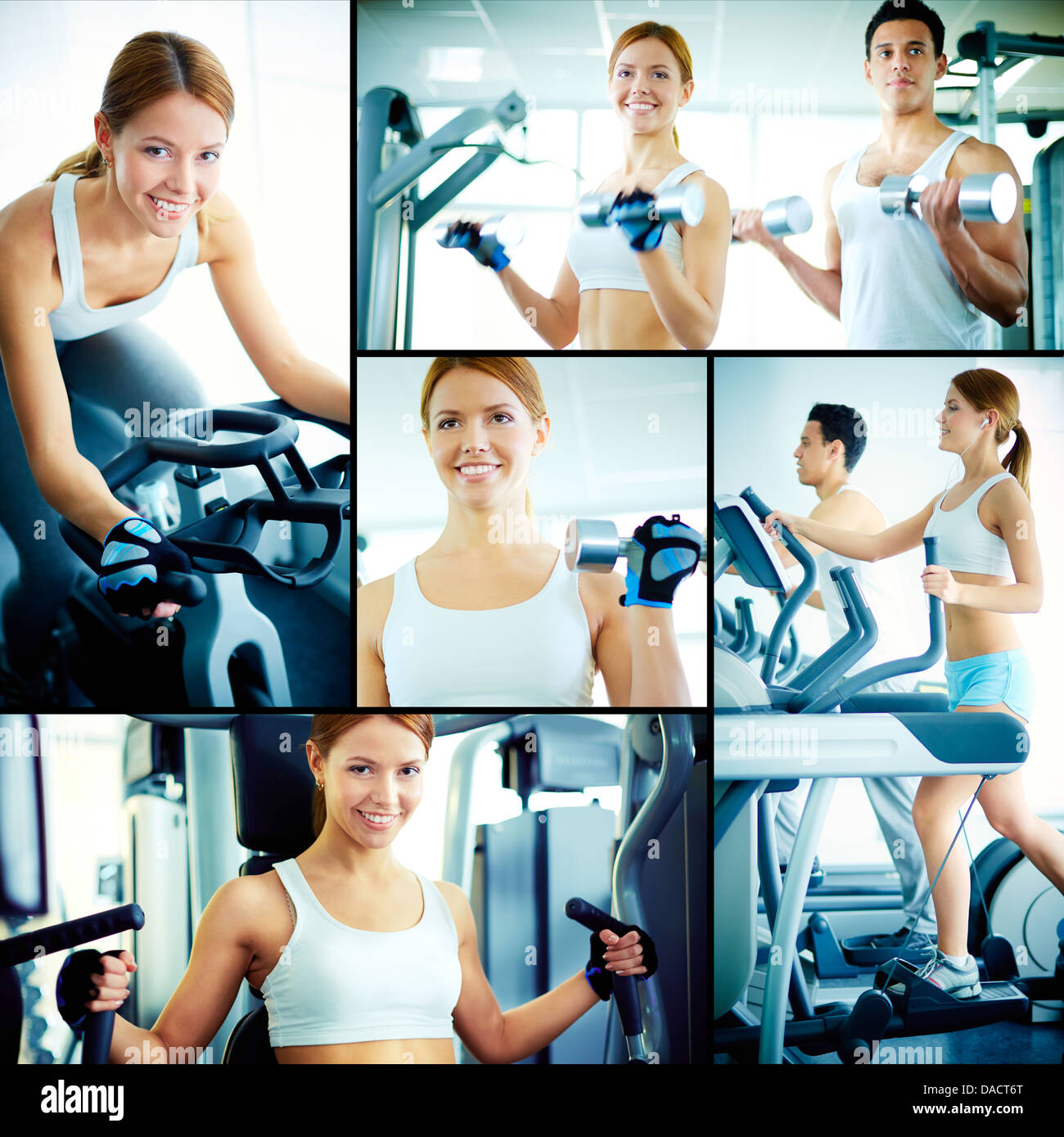 Collage of pretty girl and young guy training on sport facilities in ...