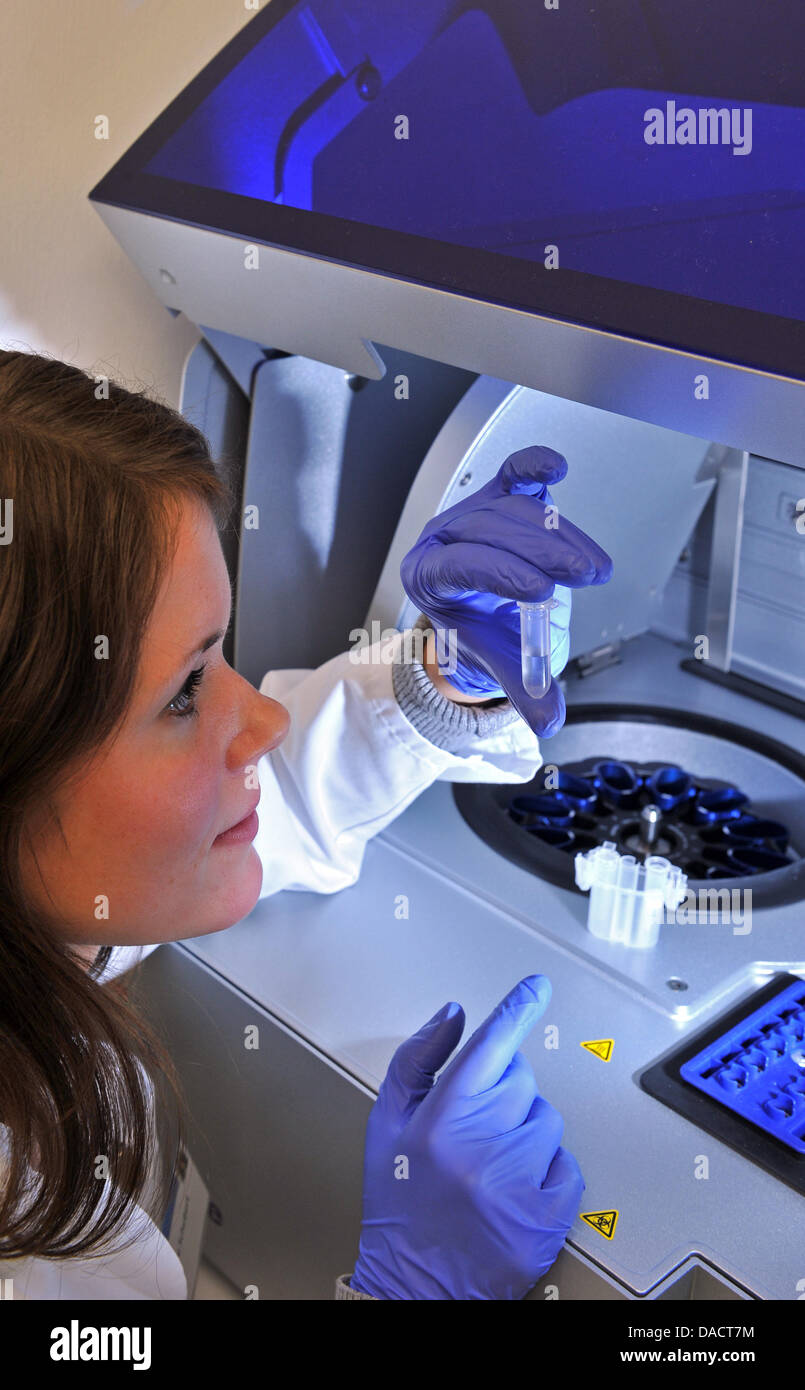 Karoline Schubert, medical technical assistant, looks at samples in a ...