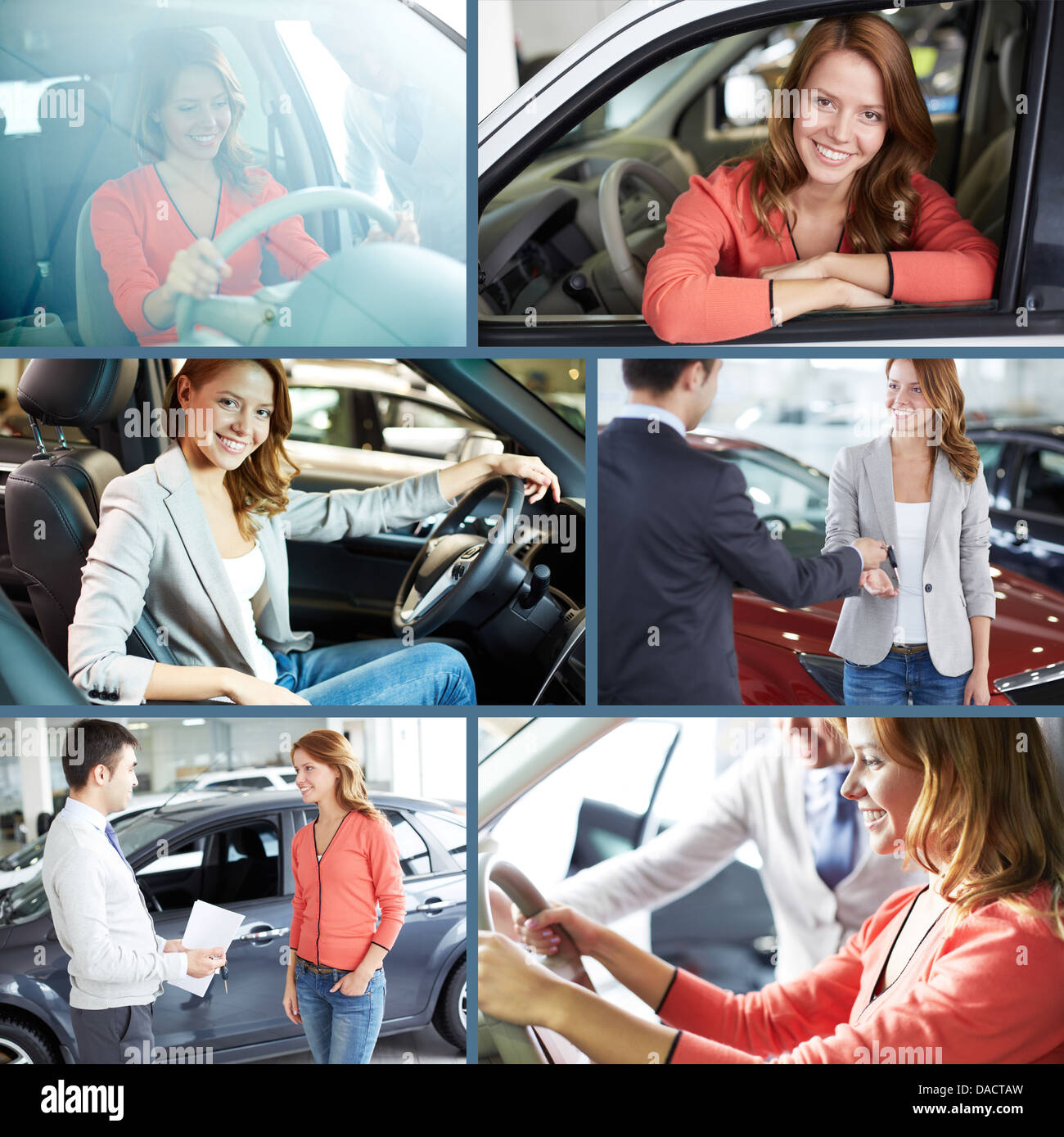 Collage of elegant woman buying a new car in automobile center and ...