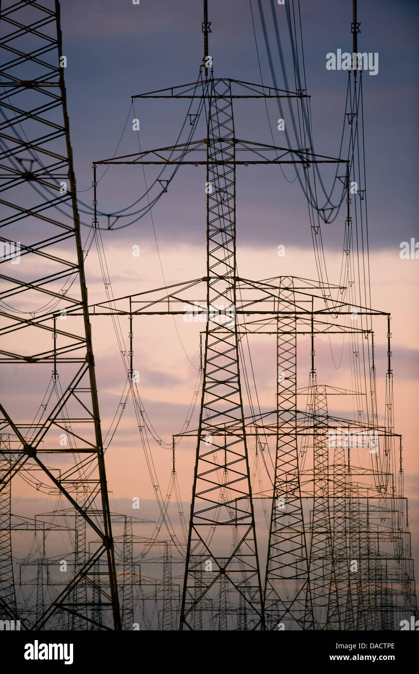 Electricity pylons lead to the brown coal power station of the power ...