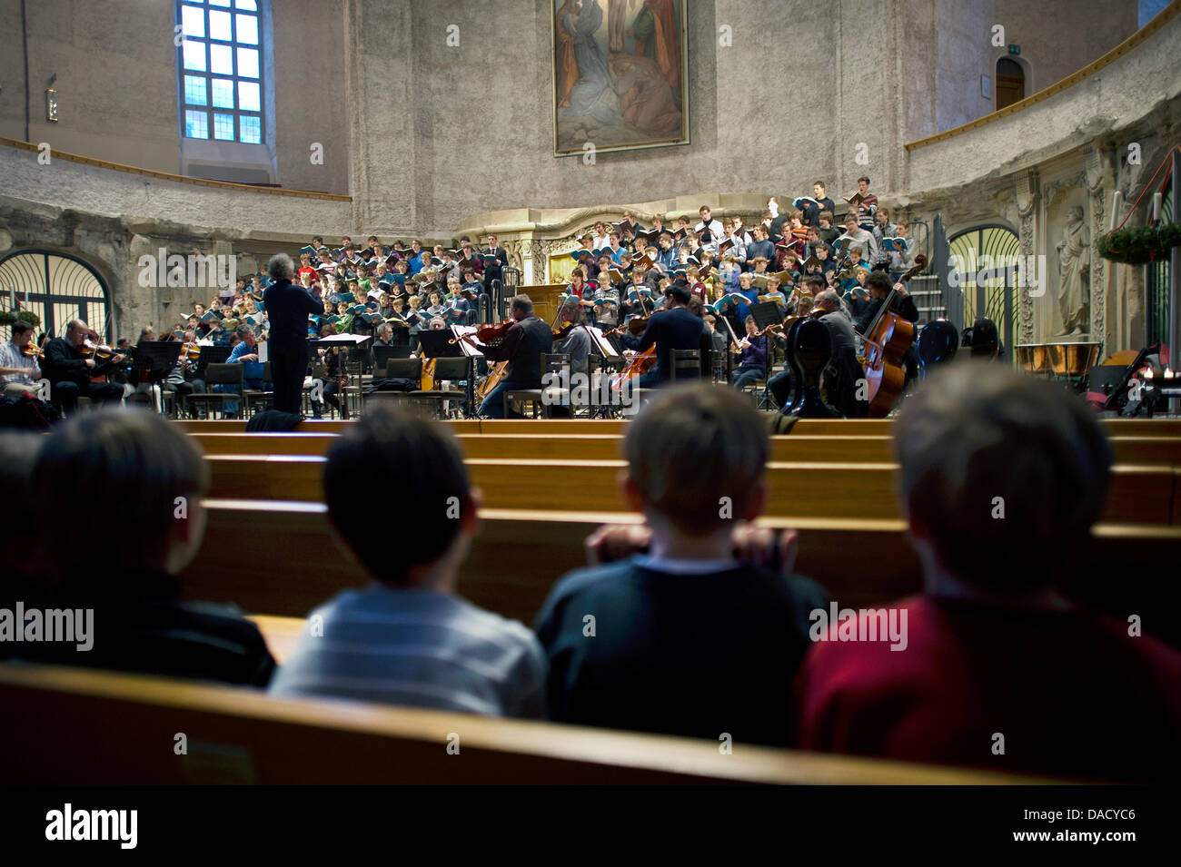 The Dresden Kreuzchor boys'choir lead by choirmaster Roderich Kreile ...