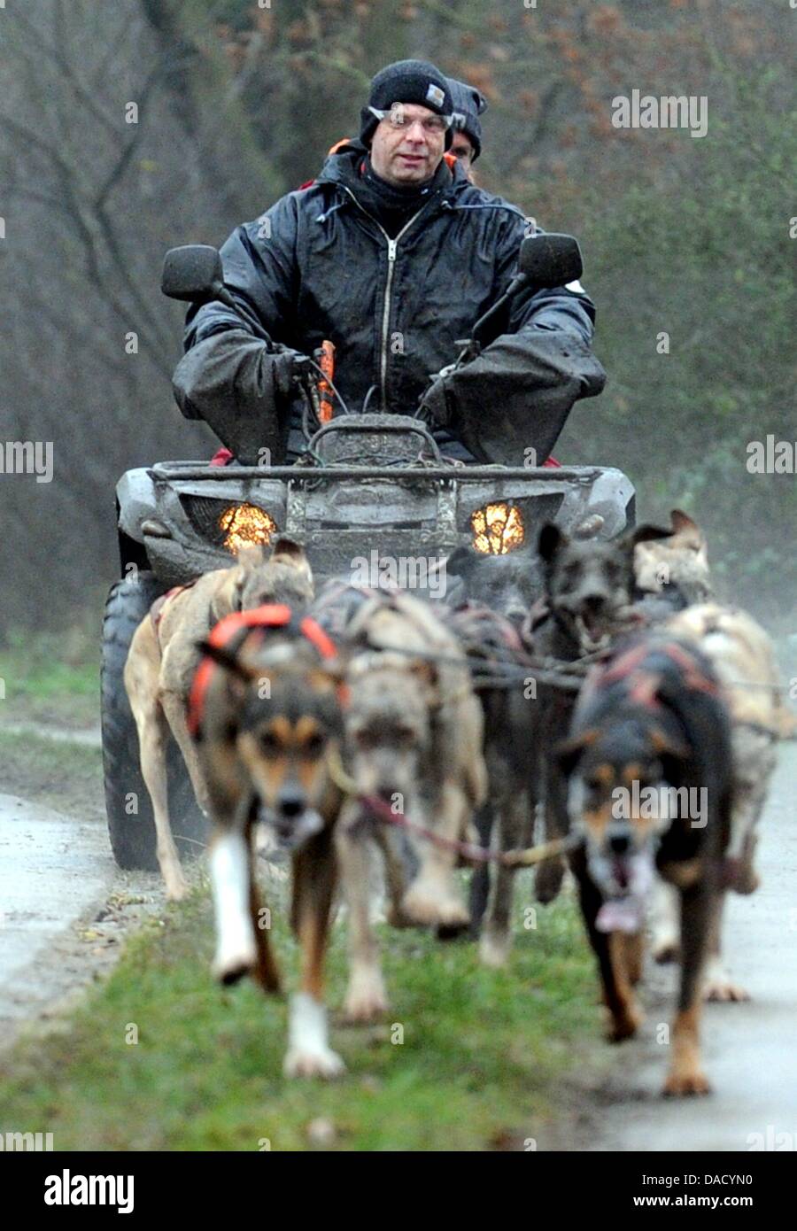 Michael Tetzner takes a practice lap with his dogs in a forest area ...