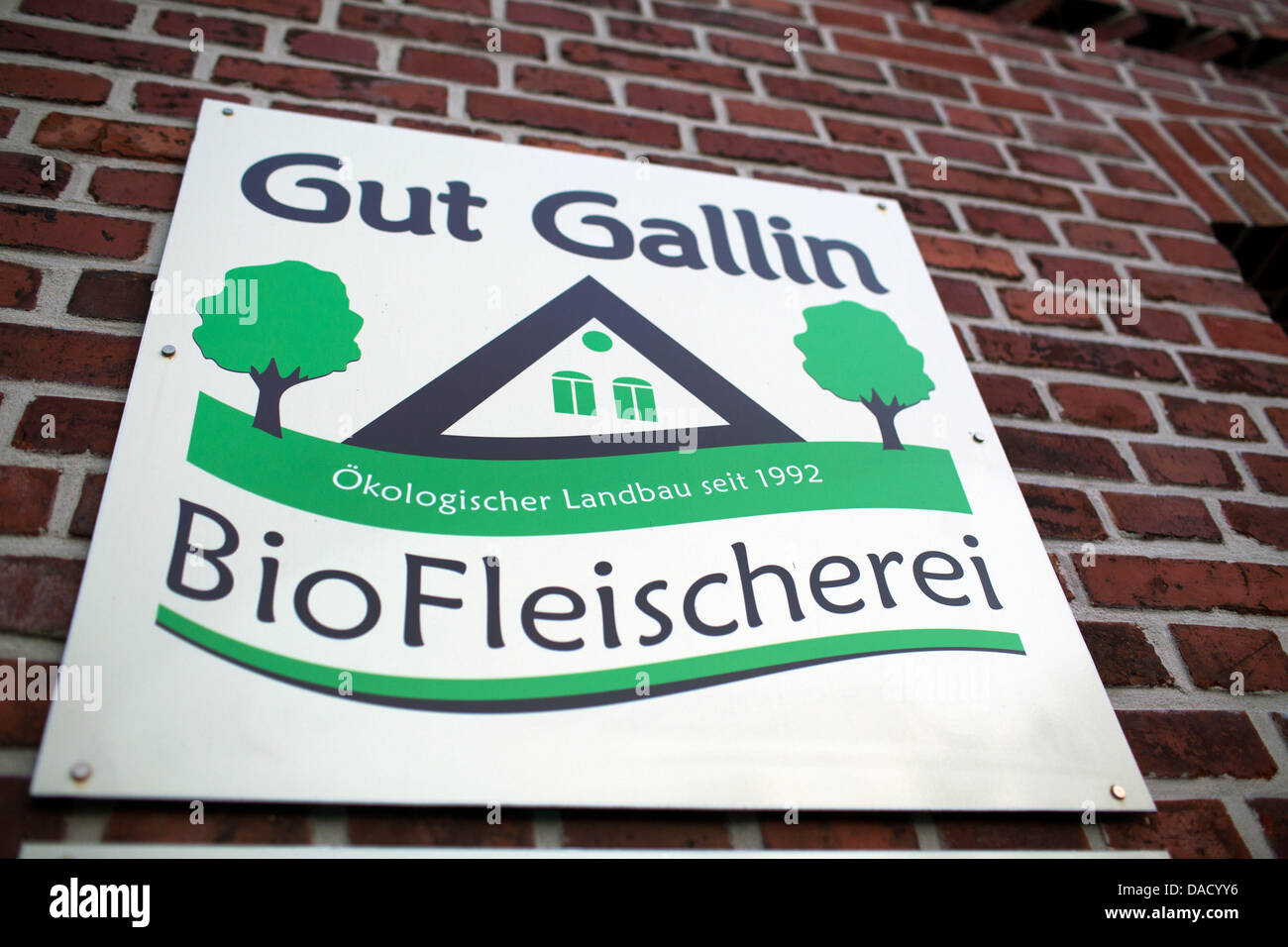 A sign for the organic butcher is pictured on Gallin farm in Gallin ...