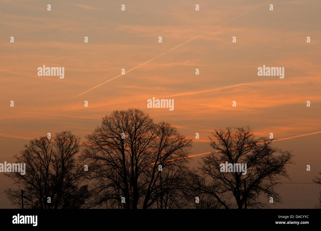 The sky is lit up red at sunset above Gallin farm in Gallin, Germany ...