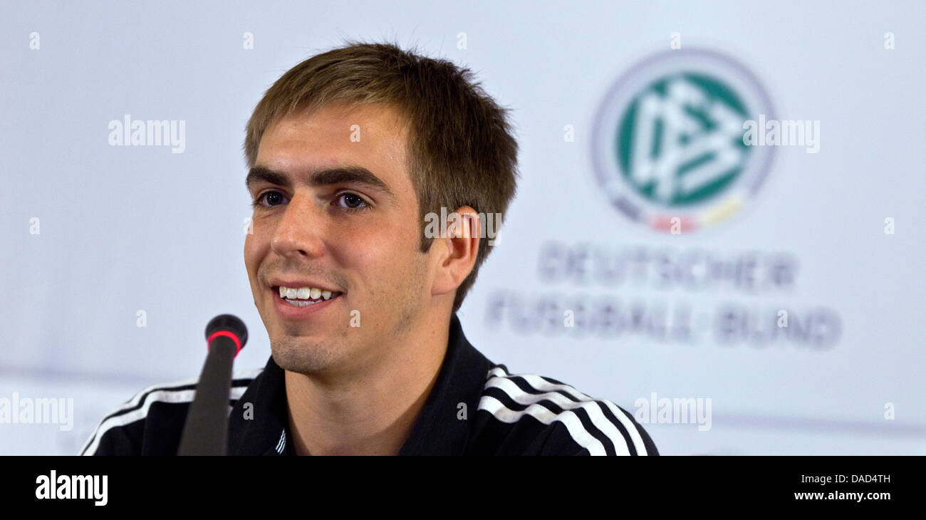 German national soccer player Philipp Lahm speaks at a press conference ...