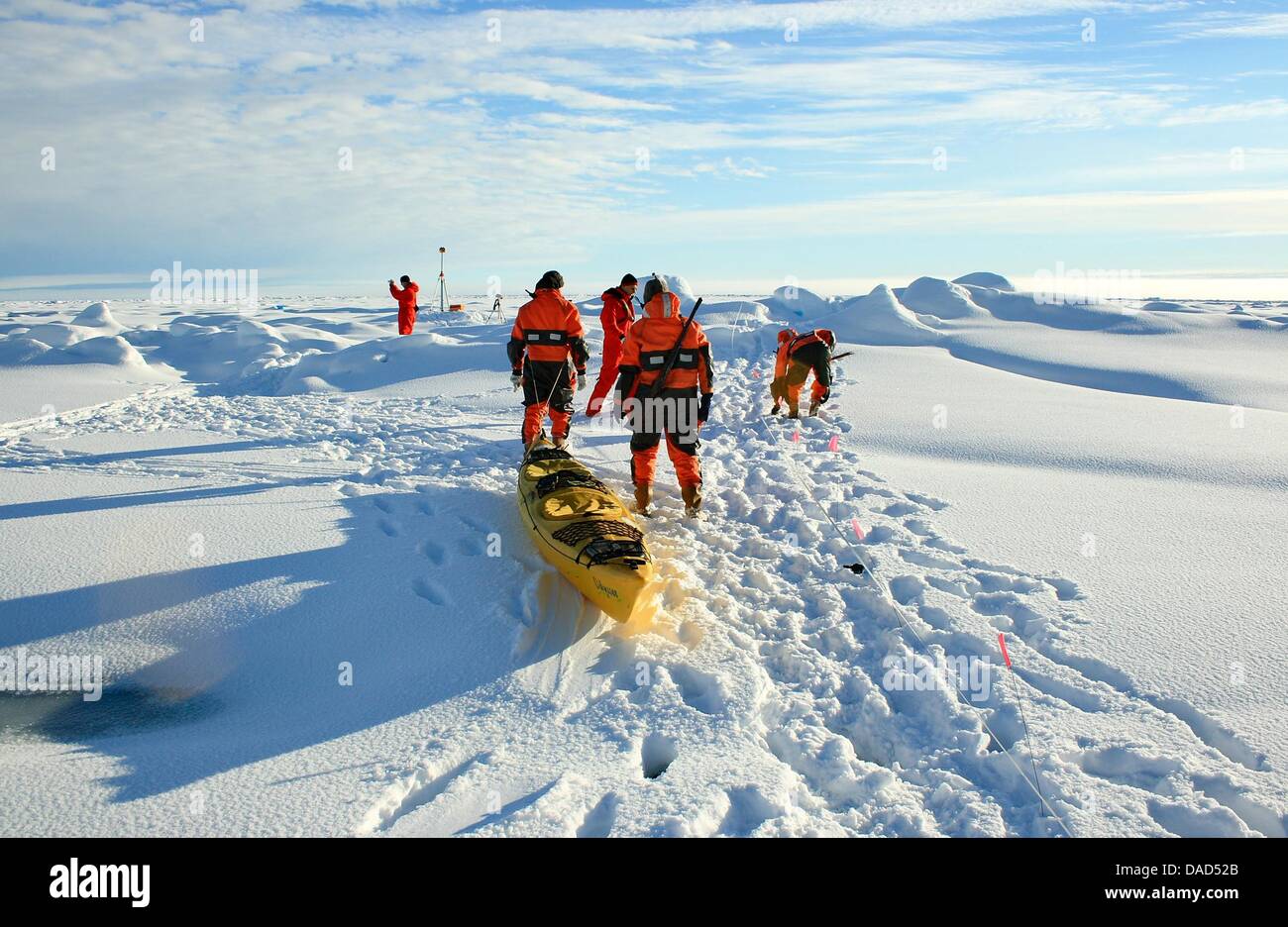 The electromagnetic probe EM-Bird is drawn in a canoe across to measure ...