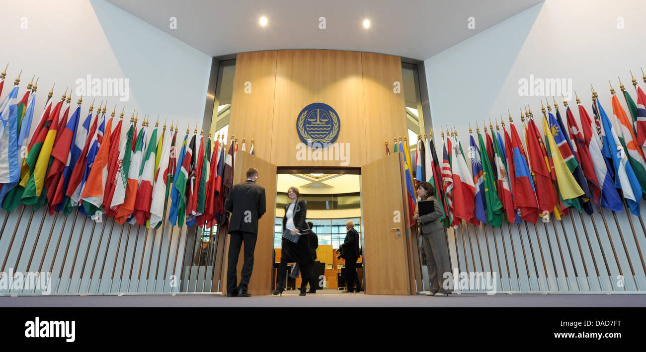 Flags of different nations line the entrance of the main court room of ...