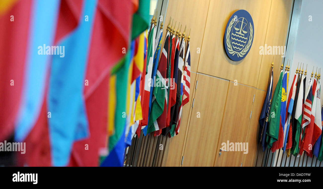 Flags of different nations line the entrance of the main court room of ...