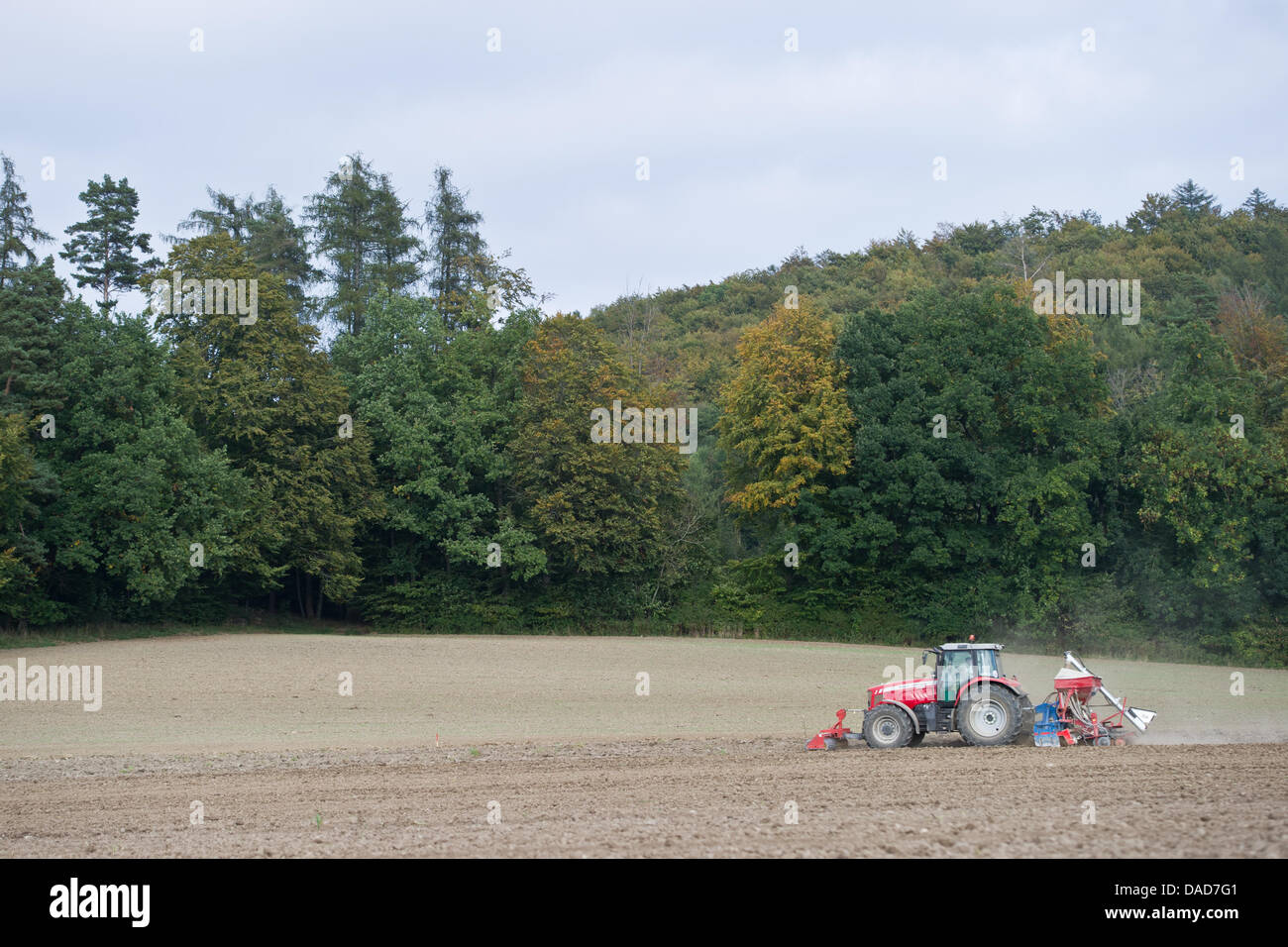 A farmer cultivates a field with his tractor in Lengenweiler, Germany ...