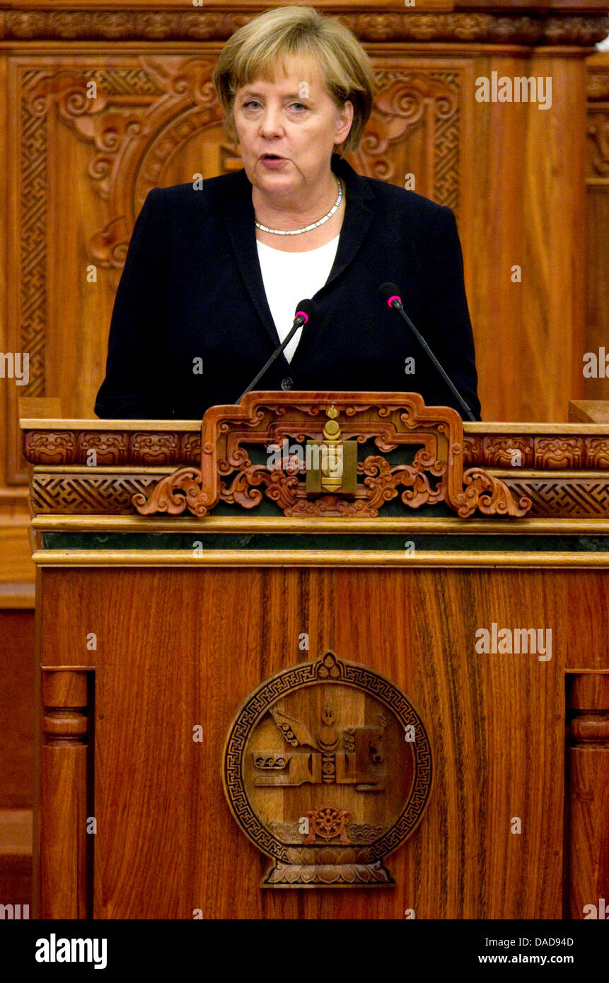 German Chancellor Angela Merkel speaks at the Mongolian parliament in ...