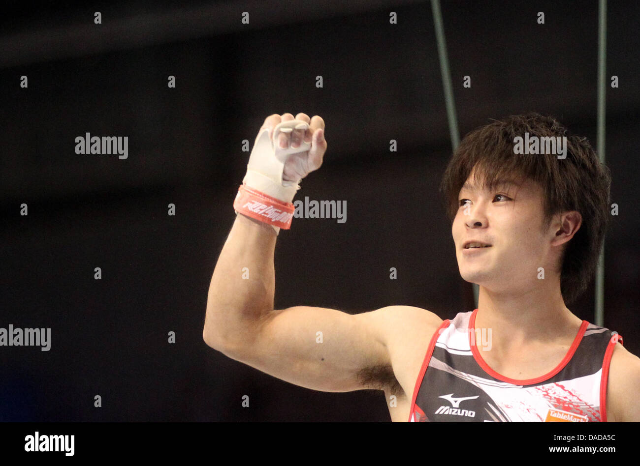 Kohei Uchimura of Japan celebrates after performing on the rings during ...