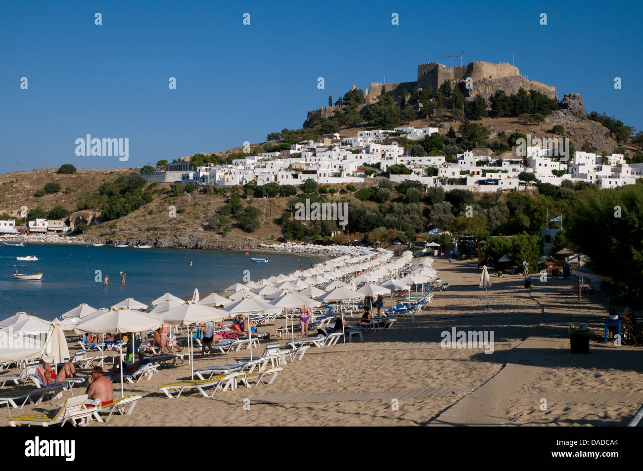 Beach, bay of Lindos, Acropolis of Lindos, Rhodes, Greece Stock Photo ...
