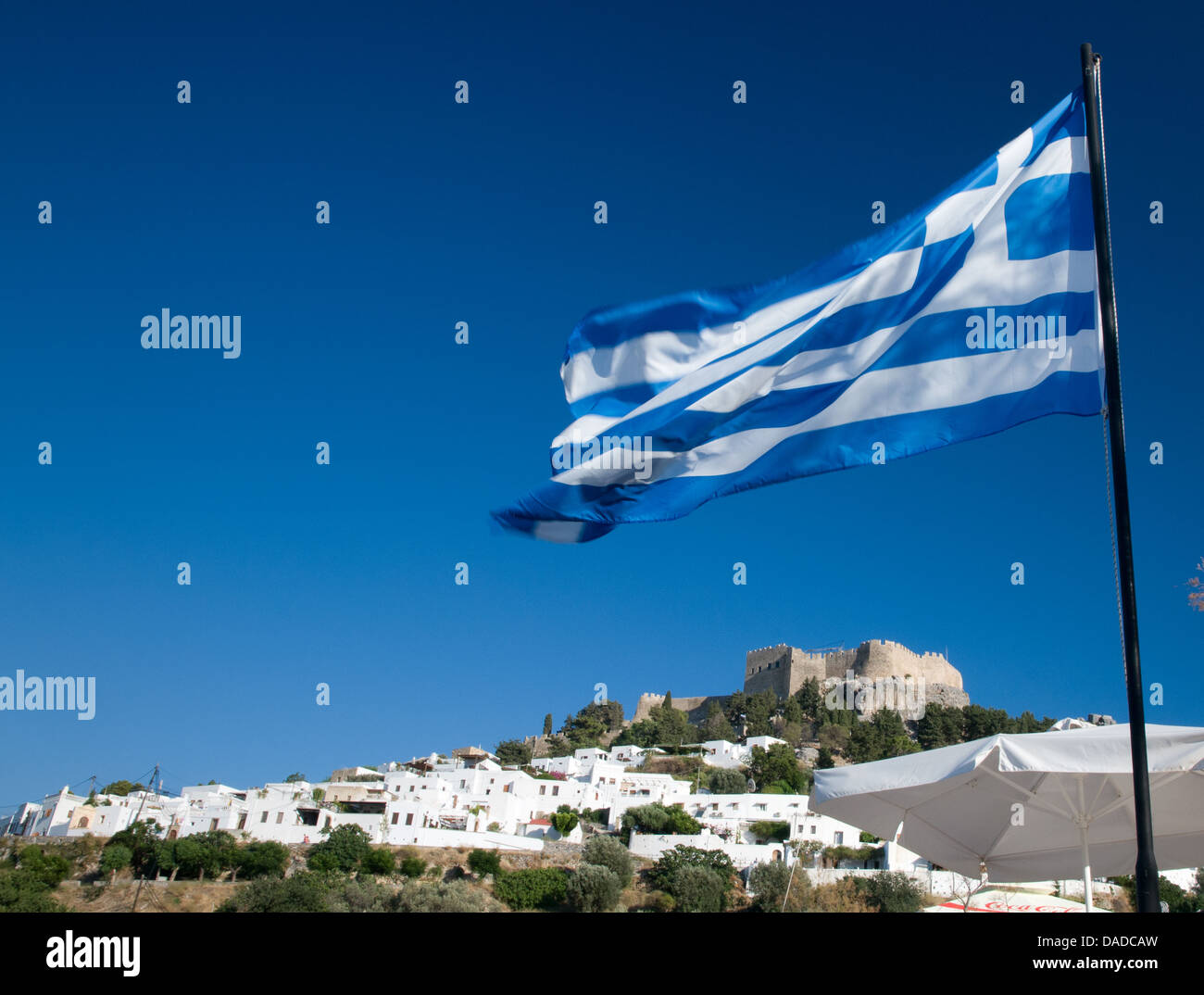 Greek flag, Acropolis of Lindos, Rhodes, Greece Stock Photo - Alamy