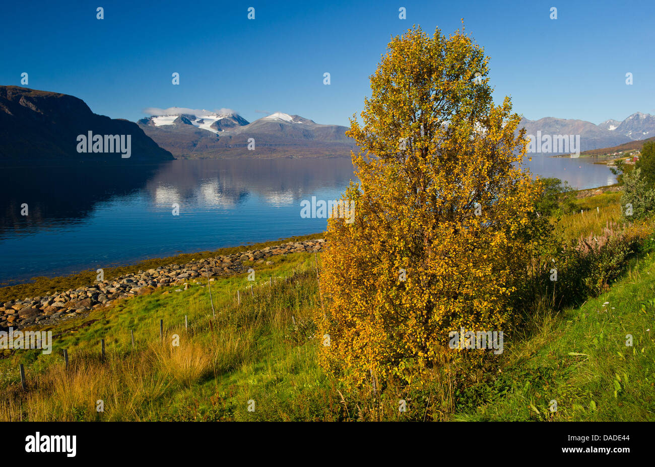 A view across the Storfjord at snow covered mountains in the distance ...