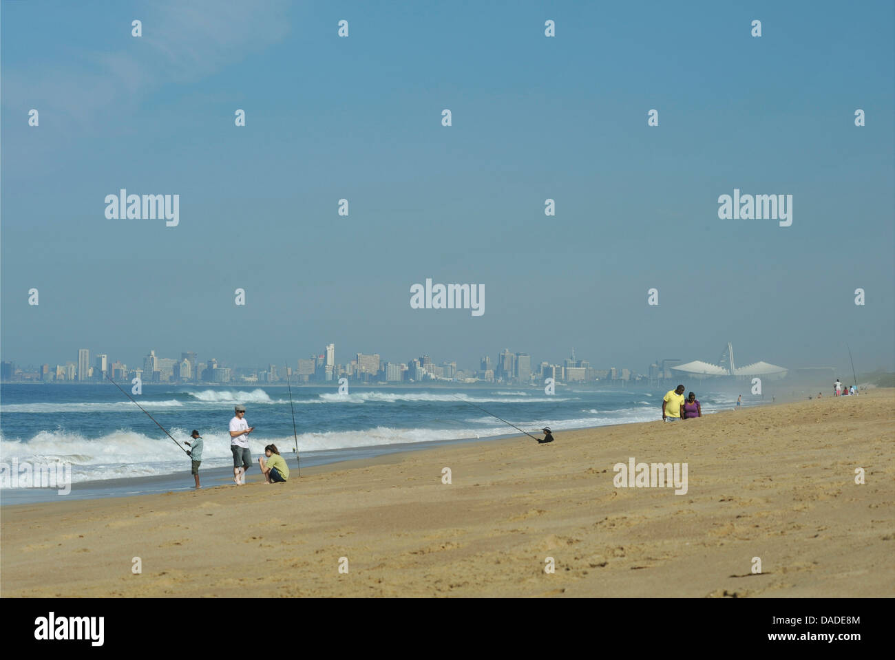 Durban, KwaZulu-Natal, South Africa, city skyline, people on beach ...