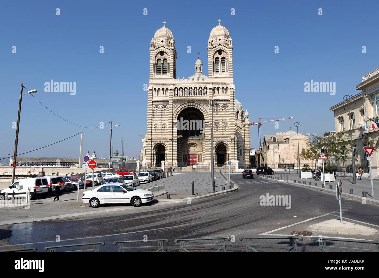 The sun shines onto the Roman Cathédrale de la Major in Marseille ...