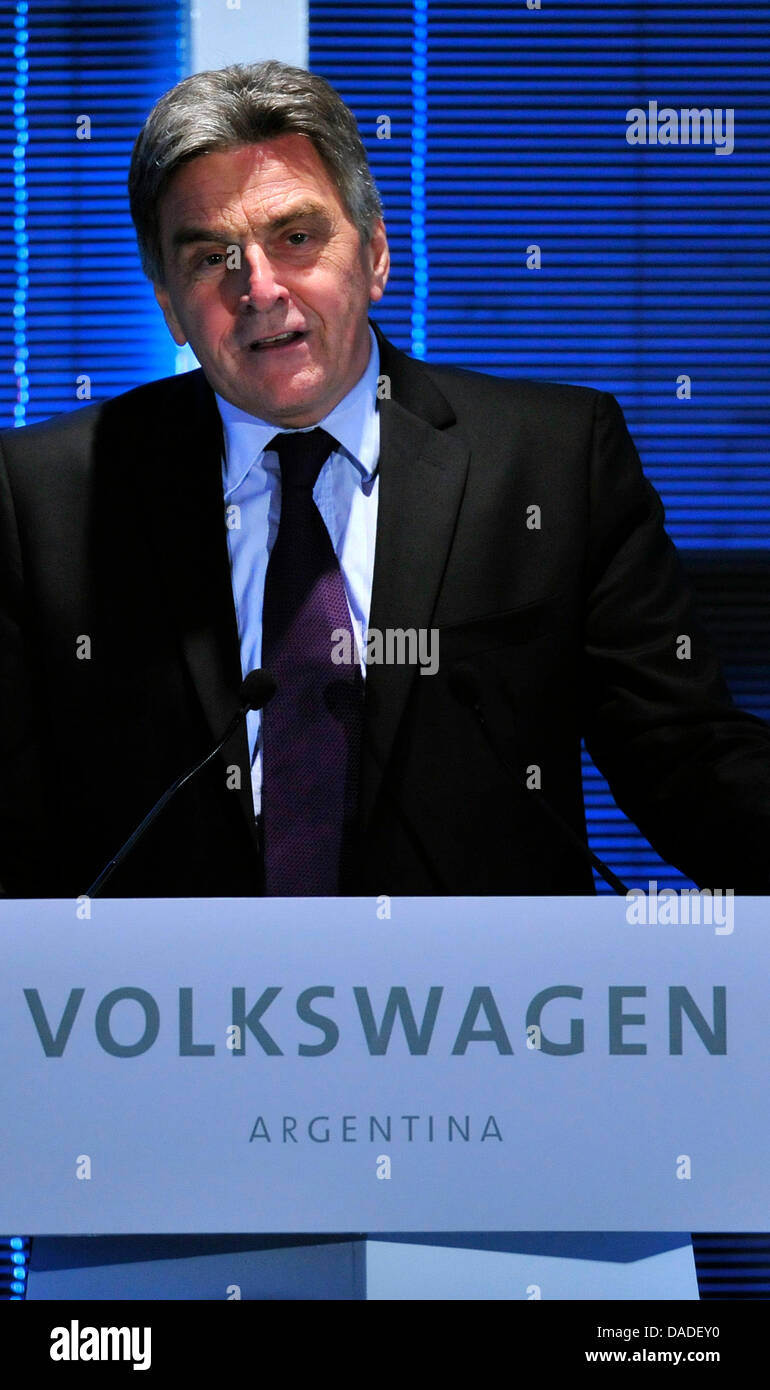 The head of Volkswagen Argentinia, Viktor Klima, stands on a podium ...