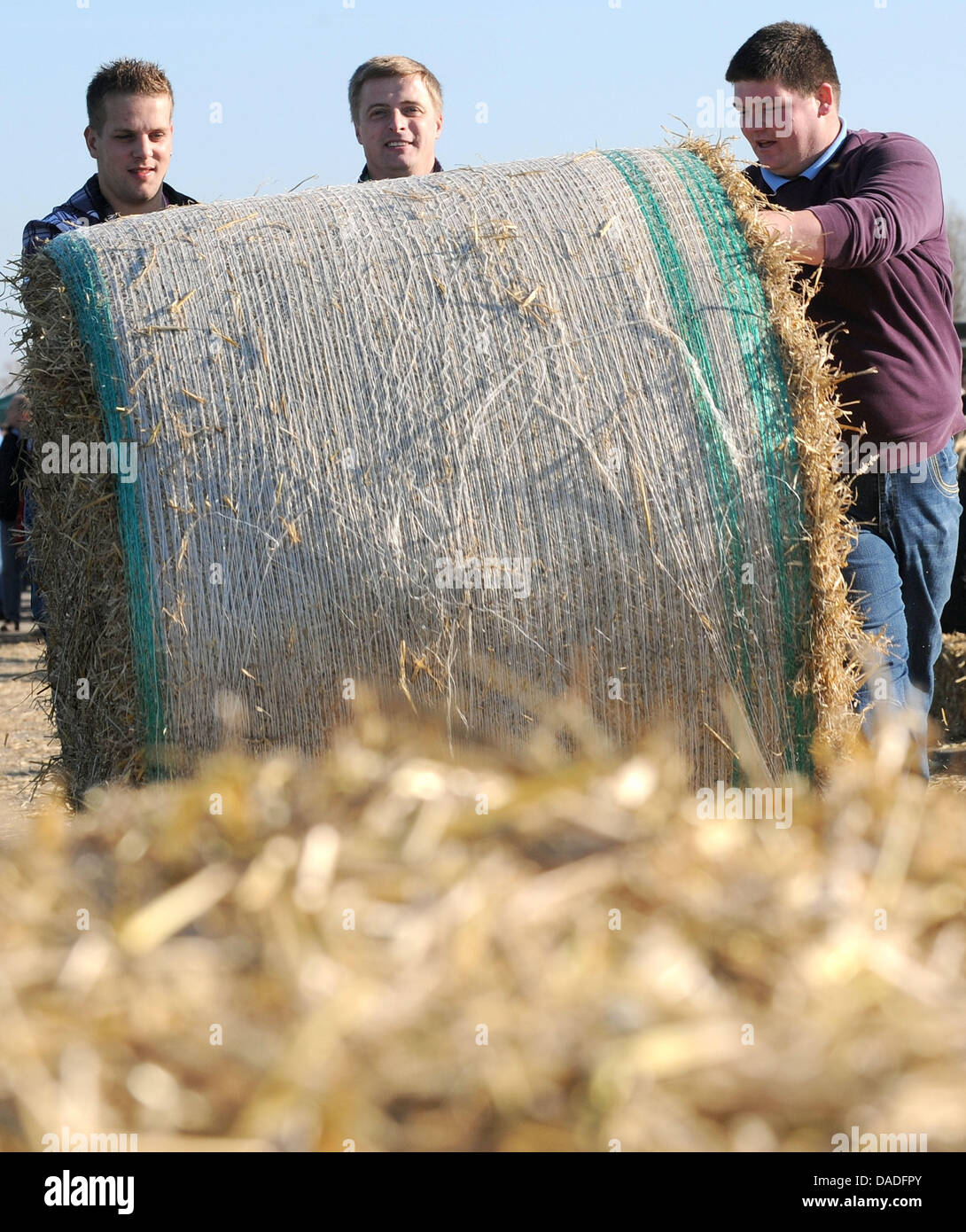 Three participants of the 1st East-Frisian straw bale rolling ...