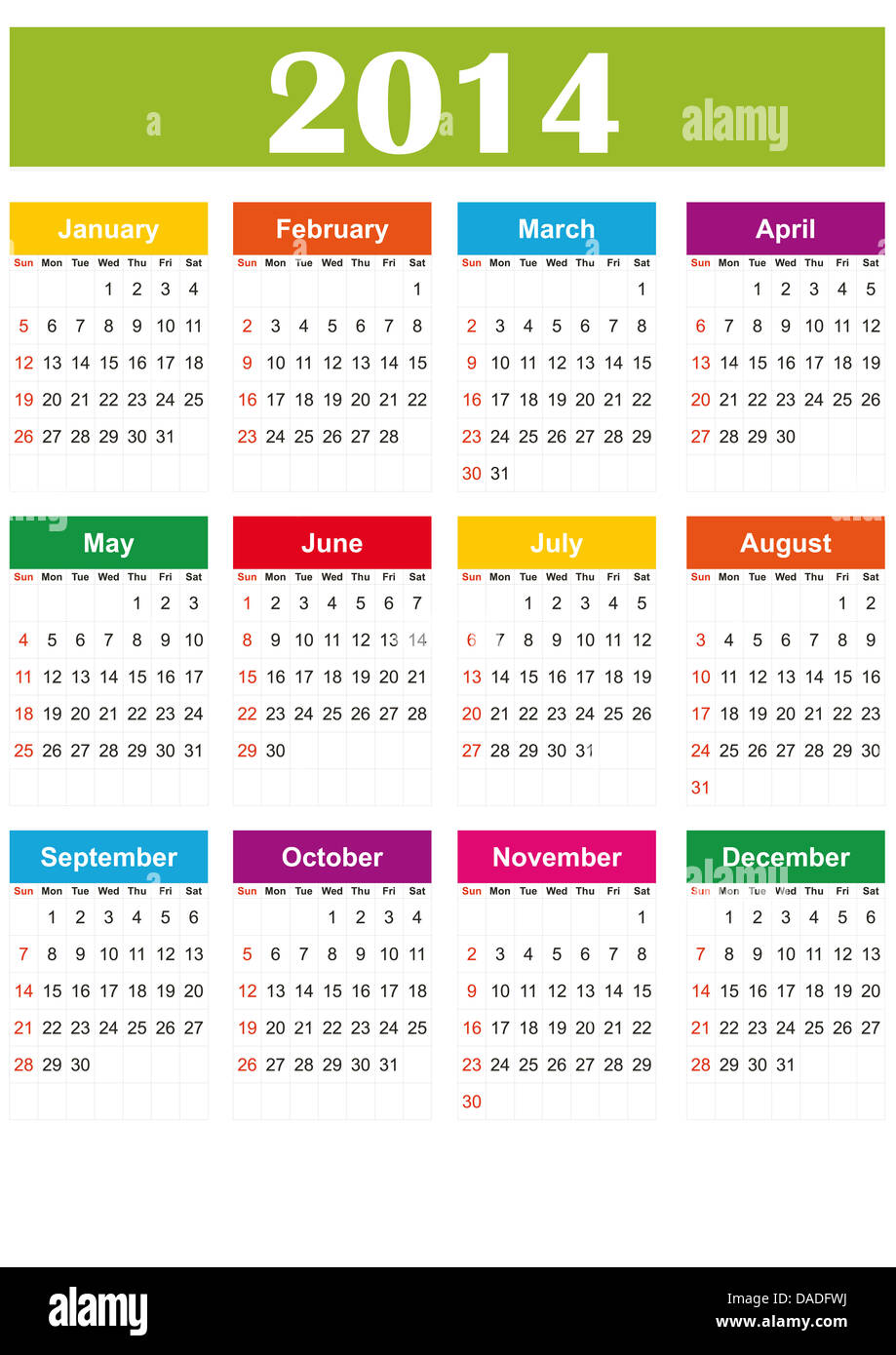 Simple and colorful calendar on 2014 year Stock Photo - Alamy