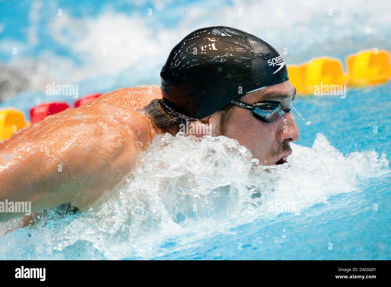 US-American swimmer Michael Phelps swims the men's 200 meter backstroke ...