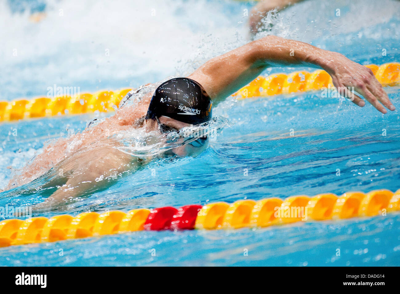 US-American swimmer Michael Phelps swims the men's 200 meter backstroke ...