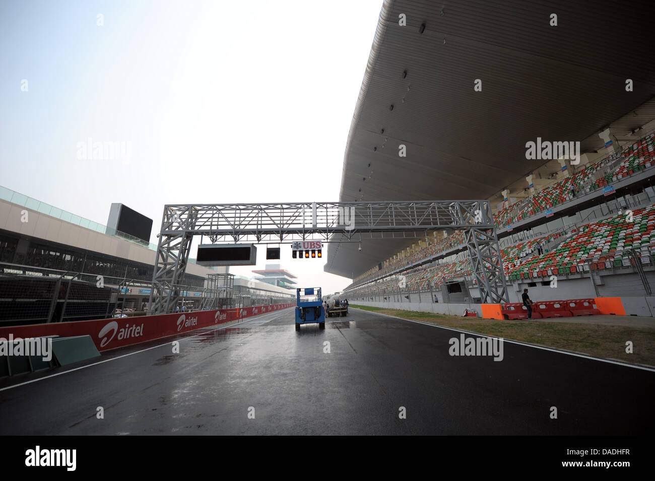 Final preparations at the start finish straight at the race track Buddh ...