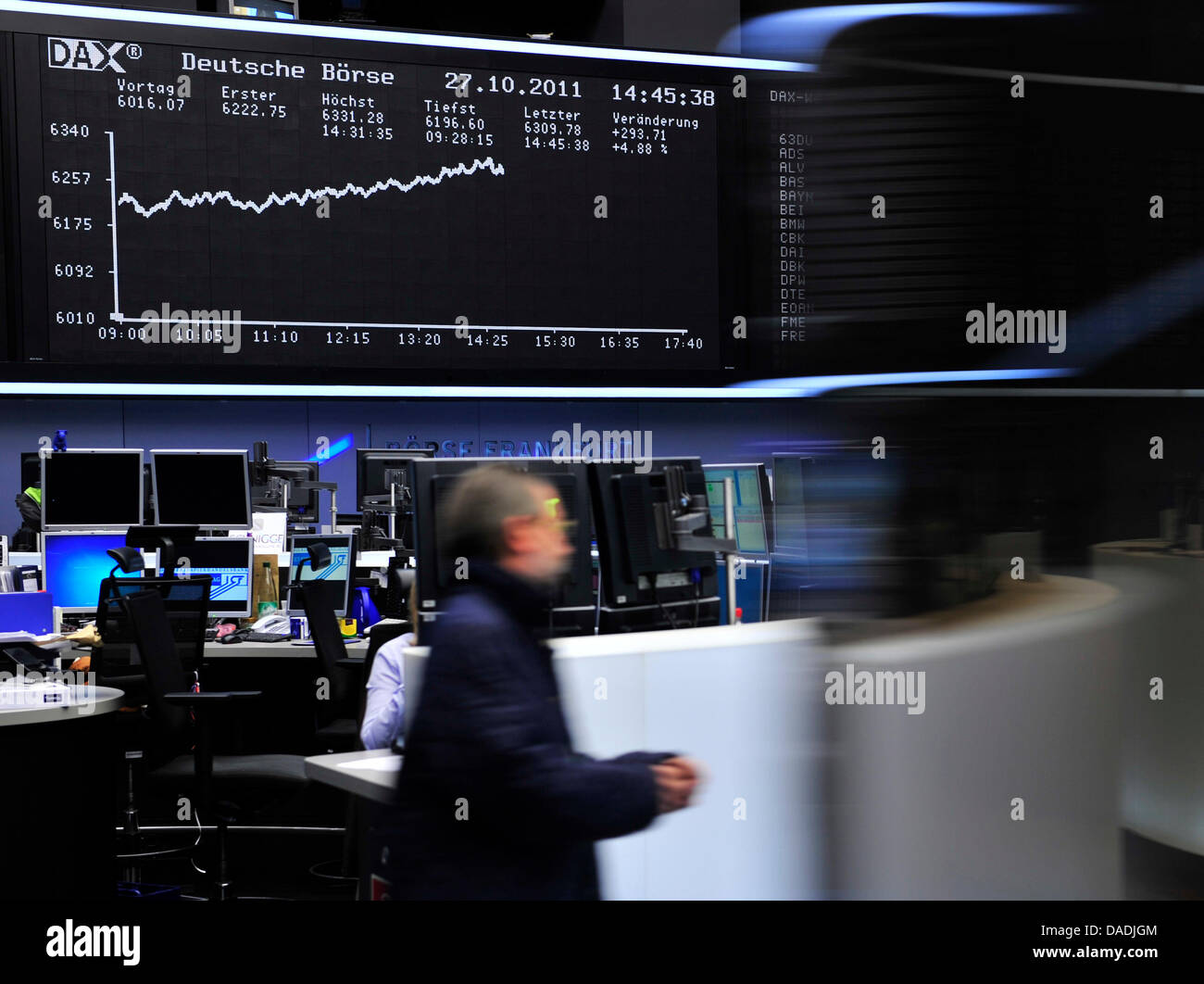 The display board at the German stock exchange shows the high point of ...
