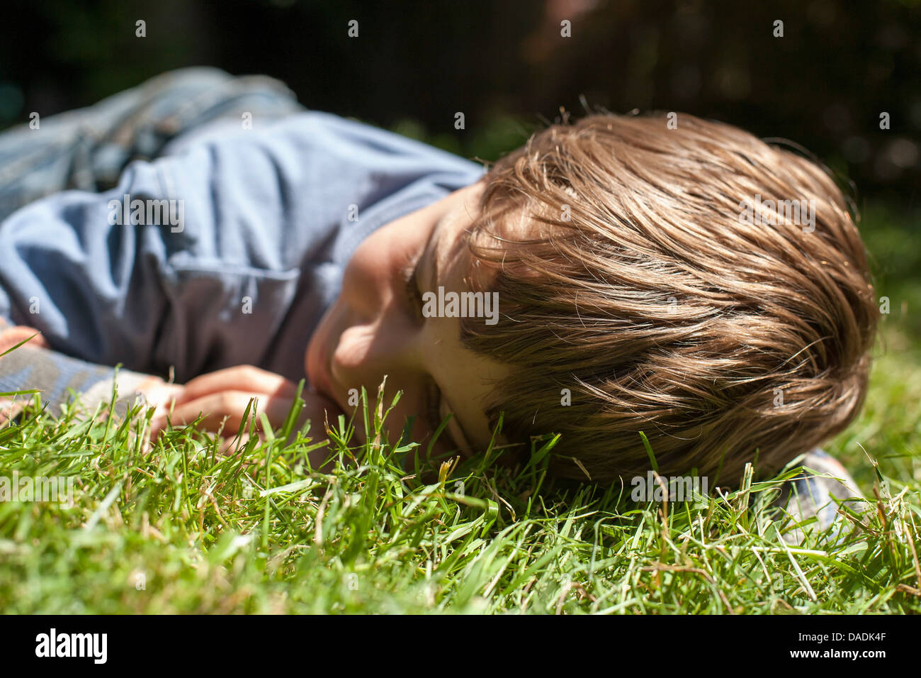 Boy lying down on grass Stock Photo - Alamy