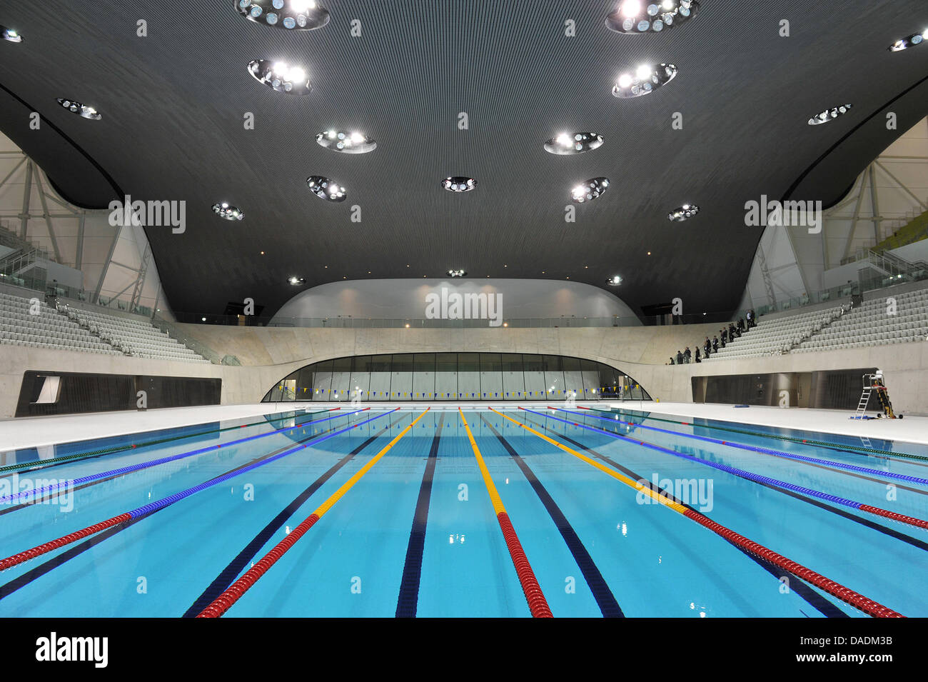 The swimming stadium (Aquatics Centre) designed by architect Zaha Hadid ...