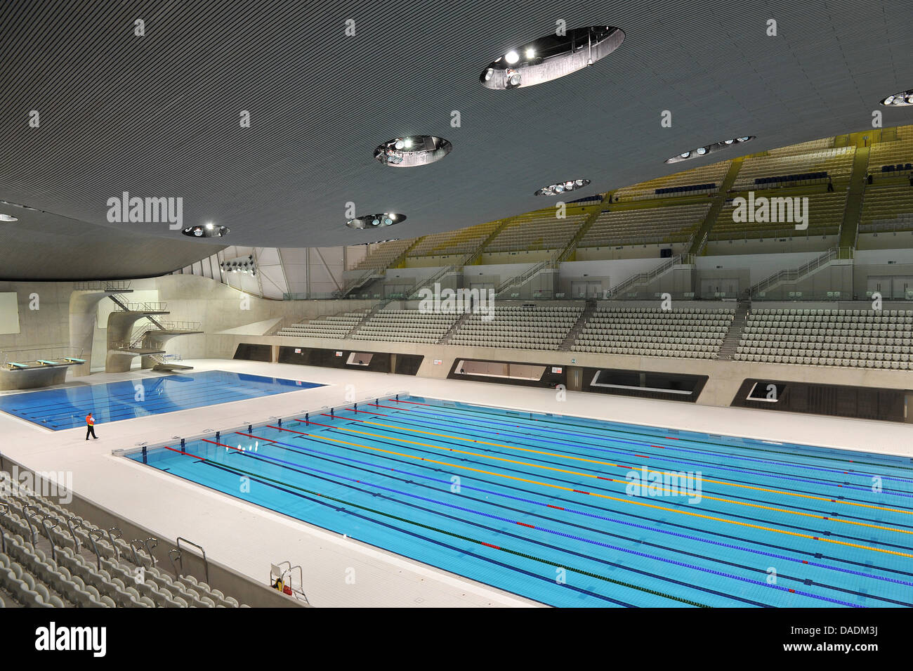 The swimming stadium (Aquatics Centre) designed by architect Zaha Hadid ...