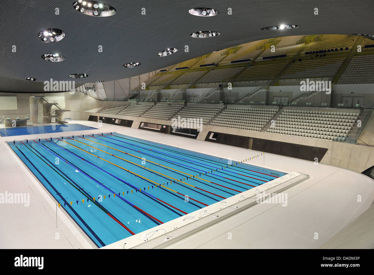 The swimming stadium (Aquatics Centre) designed by architect Zaha Hadid ...