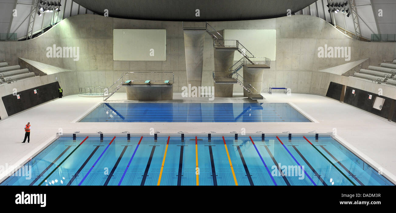 The swimming stadium (Aquatics Centre) designed by architect Zaha Hadid ...