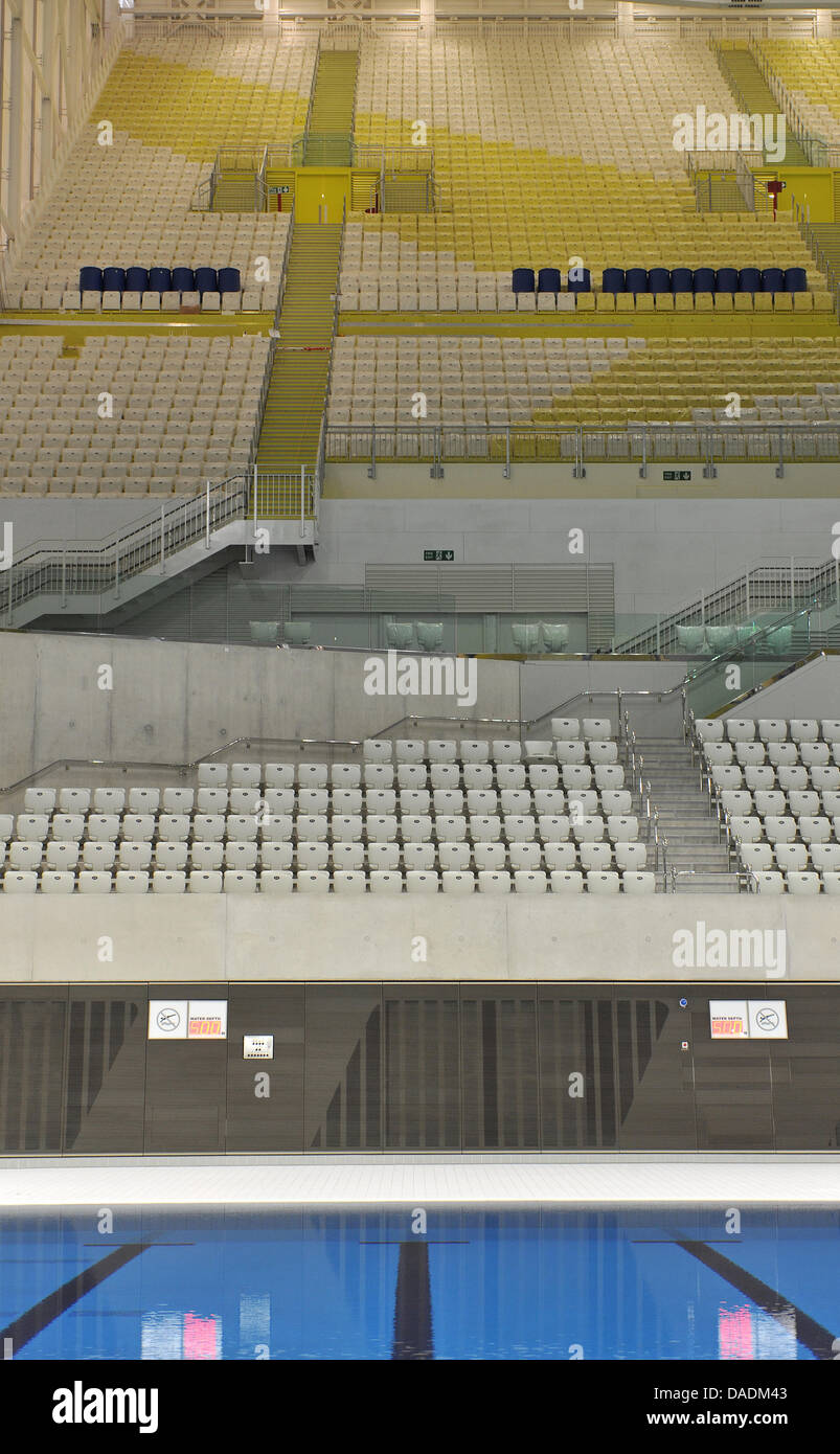 The swimming stadium (Aquatics Centre) designed by architect Zaha Hadid ...