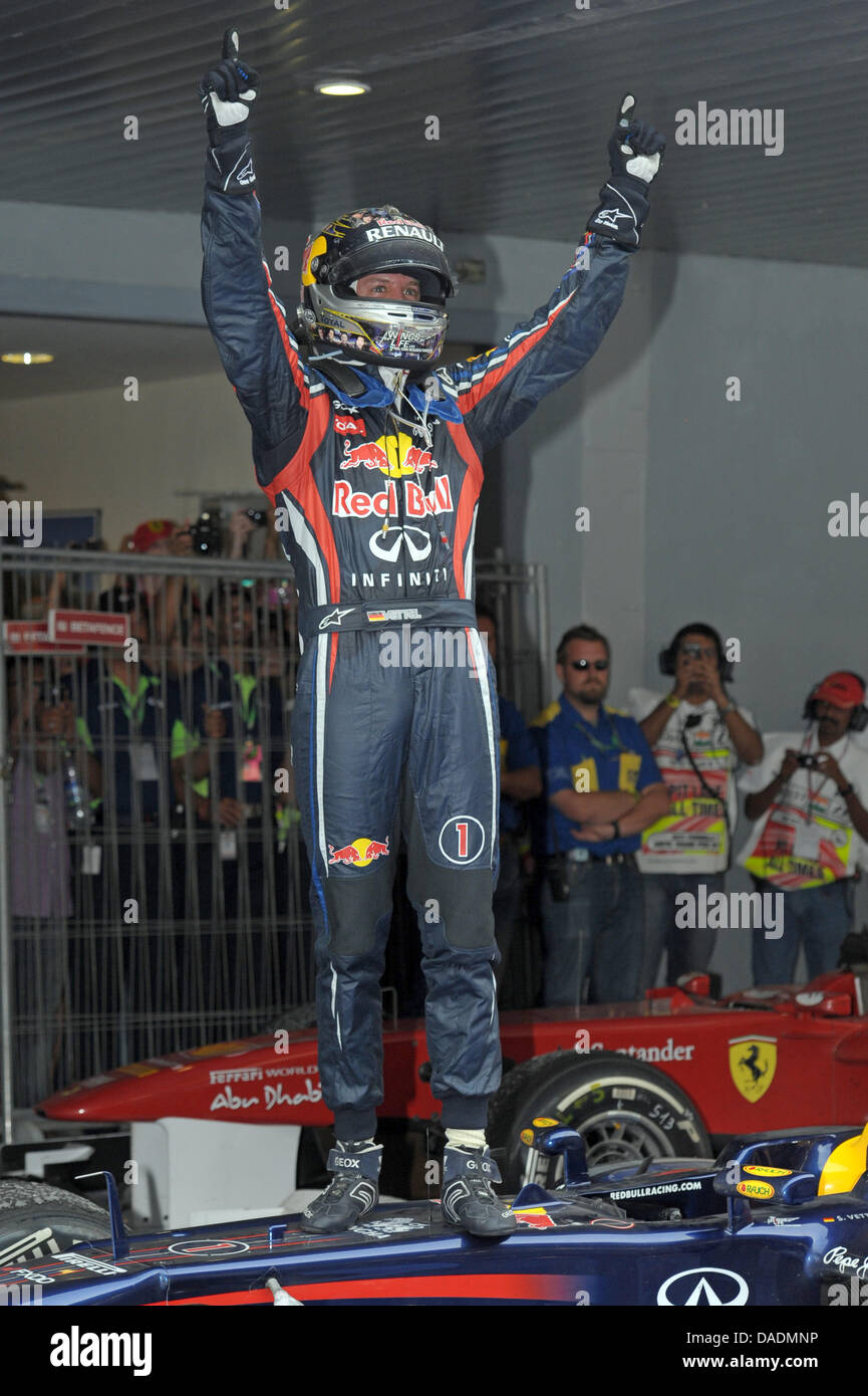 German Formula One driver Sebastian Vettel of Red Bull celebrates his ...