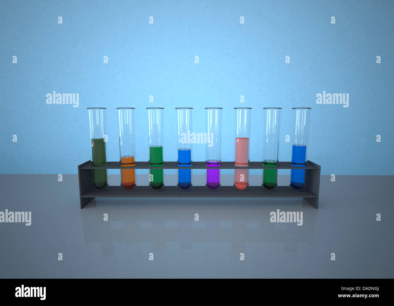 Colourful test tubes in rack against blue background Stock Photo - Alamy
